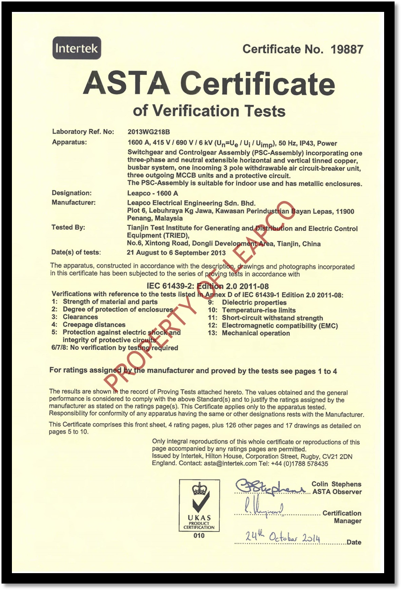ASTA Full Type Test 1600A – Leapco